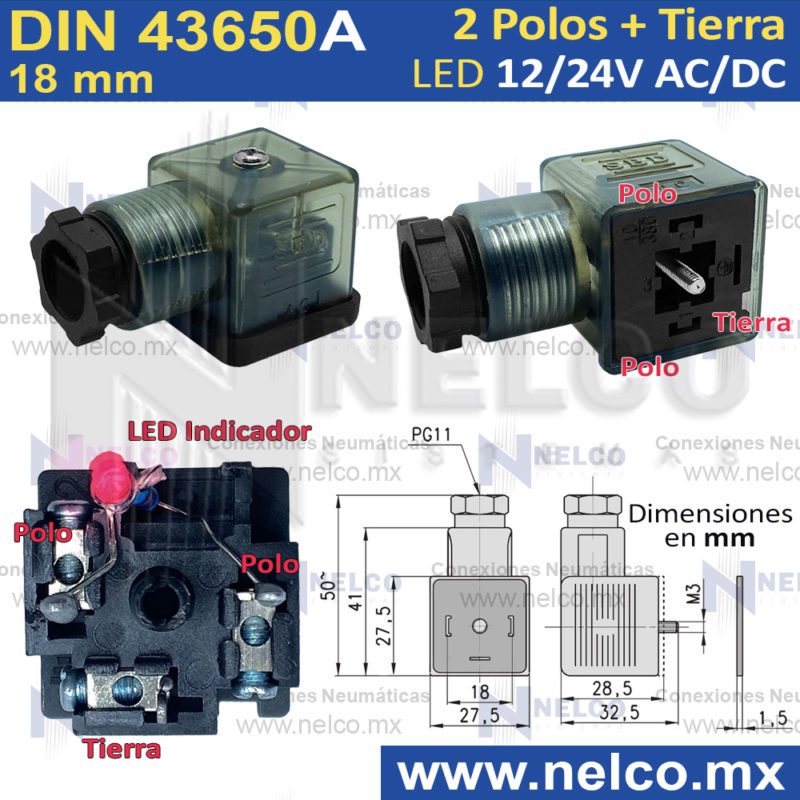 DIN43650A Conector DIN A 24V/12V DC/AC con led 2 Polos+Tierra